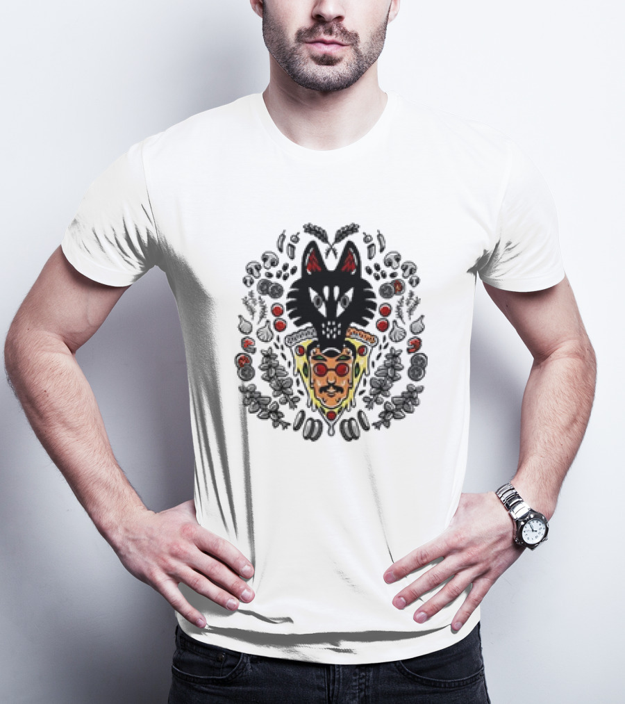 Pizzamas Wolf Pizza John Pizza Slice And Wolf Face Surrounded By Toppings T-Shirt