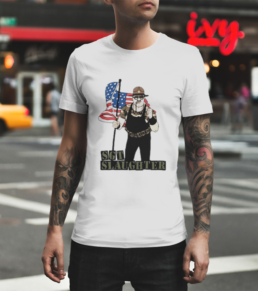 SGT Slaughter Holding American Flag Iconic Wrestling Figure T-Shirt