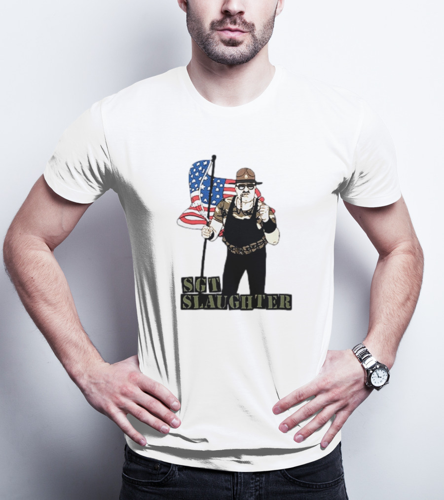 SGT Slaughter Holding American Flag Iconic Wrestling Figure T-Shirt