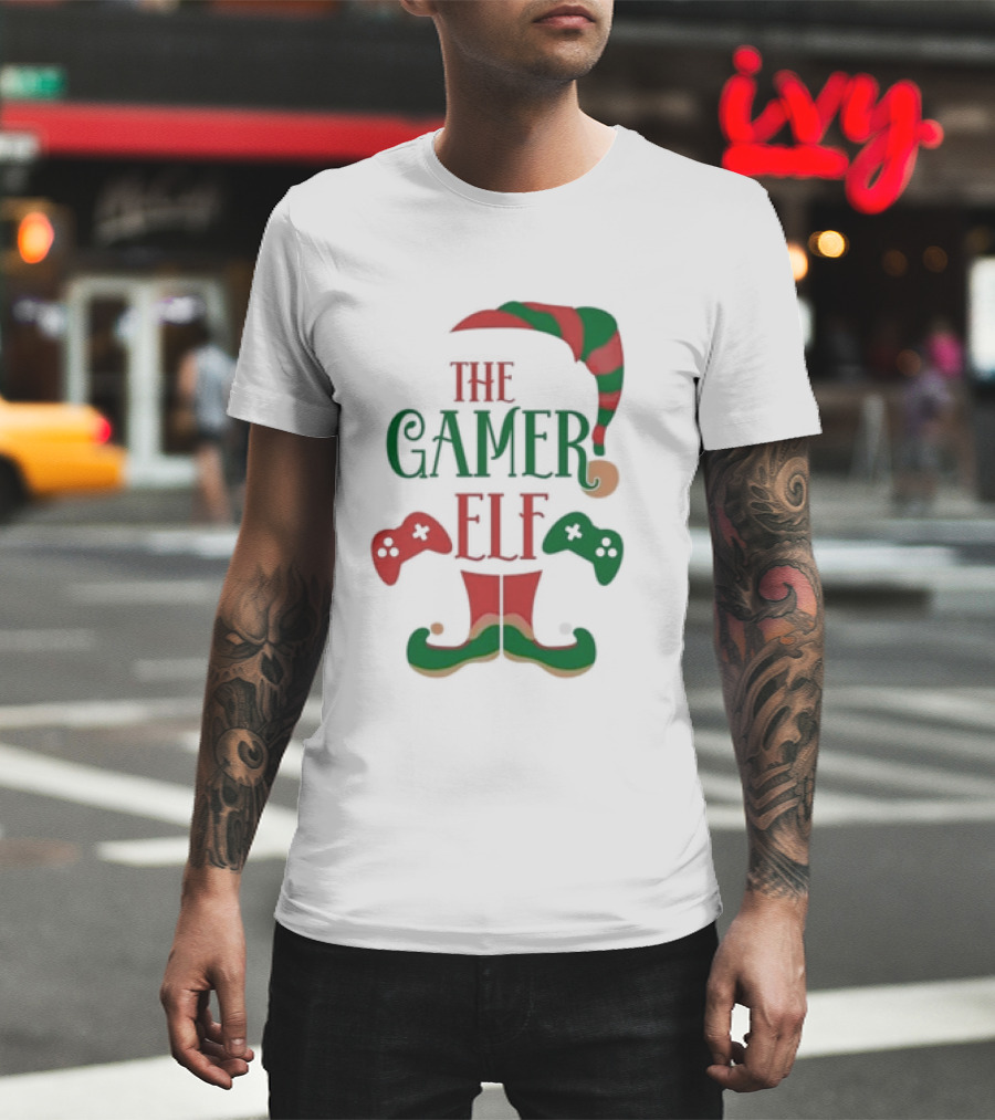 The Gamer Elf With Christmas Hat And Controllers T-Shirt