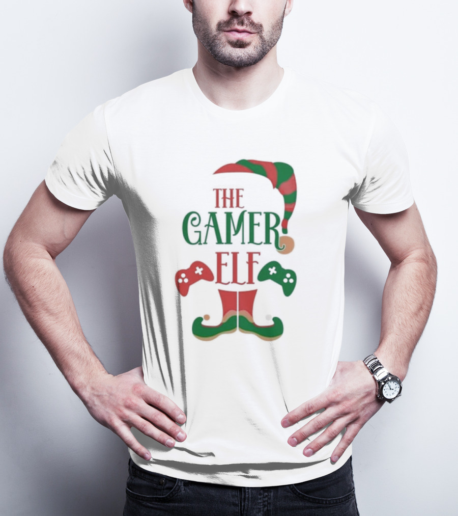 The Gamer Elf With Christmas Hat And Controllers T-Shirt