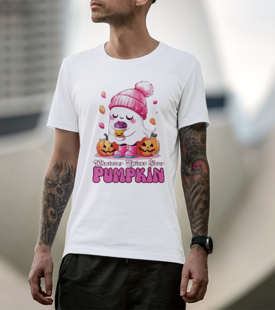 Ghost In Pink Beanie With Coffee And Pumpkins Whatever Spices Your Pumpkin T-Shirt