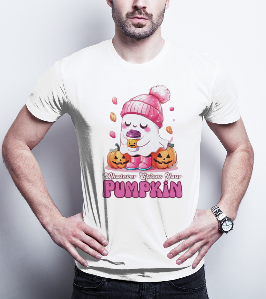 Ghost In Pink Beanie With Coffee And Pumpkins Whatever Spices Your Pumpkin T-Shirt