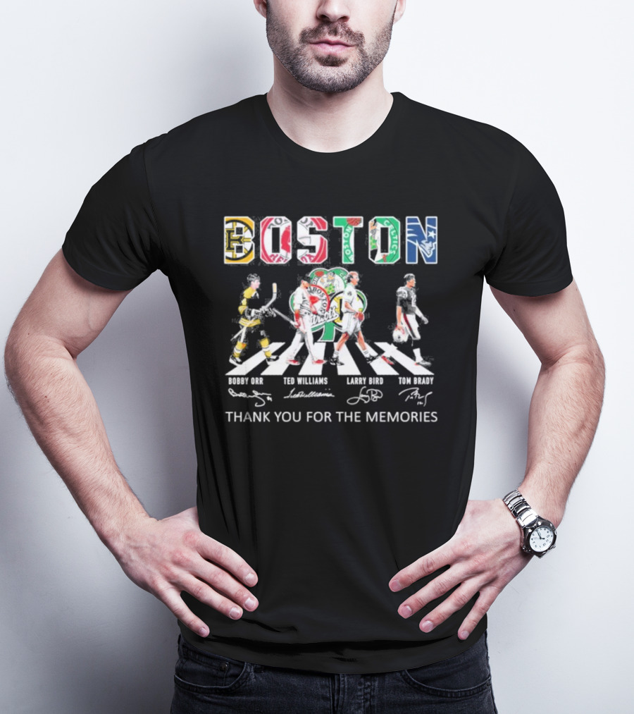Boston Legends Bobby Orr Ted Williams Larry Bird Tom Brady Abbey Road Thank You For The Memories T-Shirt