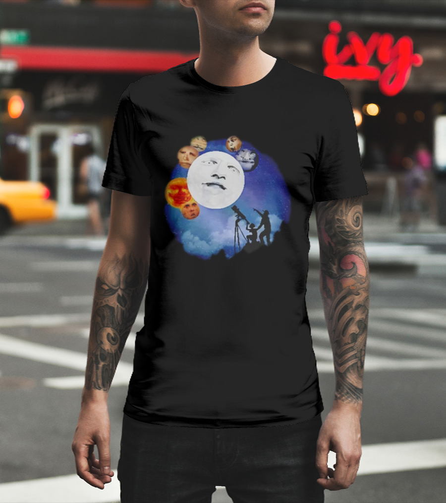 Man And Child Stargazing At Moon And Face Planets T-Shirt