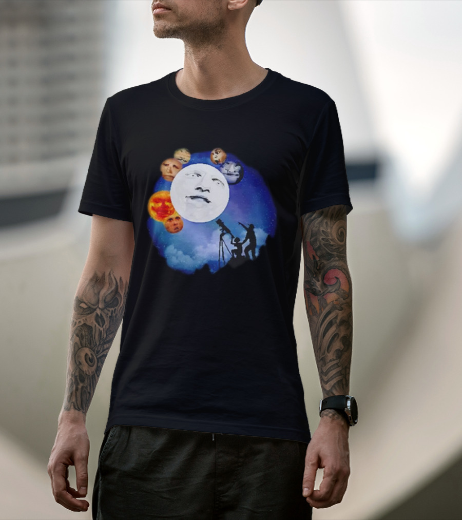 Man And Child Stargazing At Moon And Face Planets T-Shirt