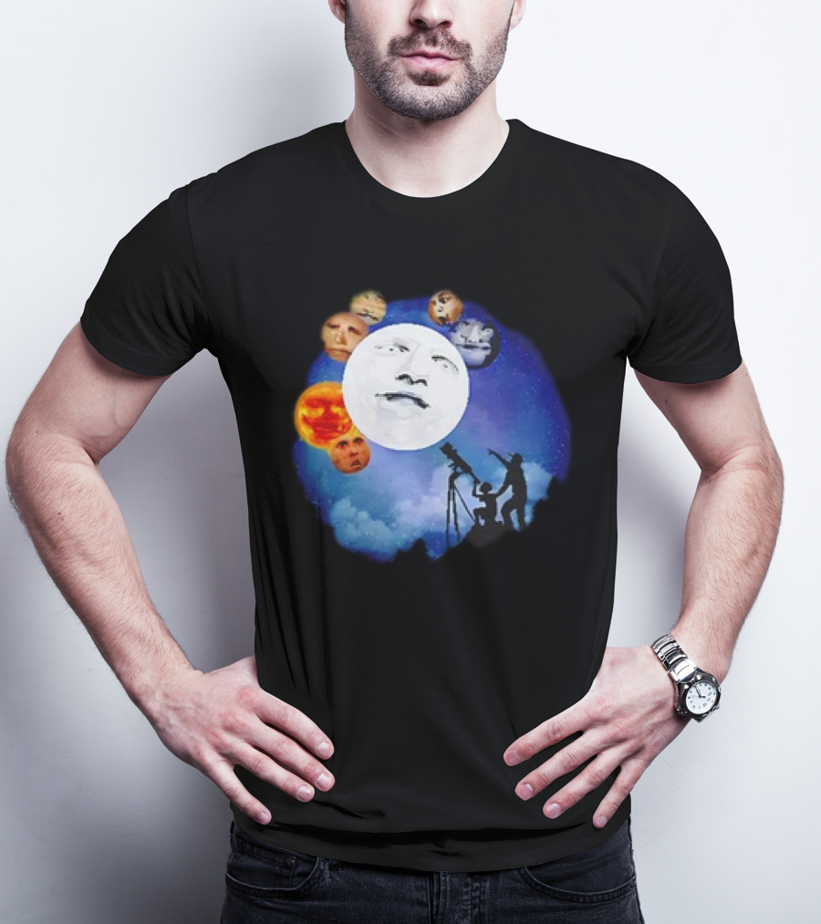 Man And Child Stargazing At Moon And Face Planets T-Shirt