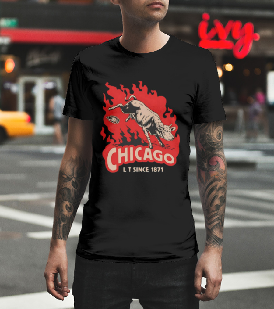 Chicago Lit Since 1871 Kicking Cow Flame T-Shirt