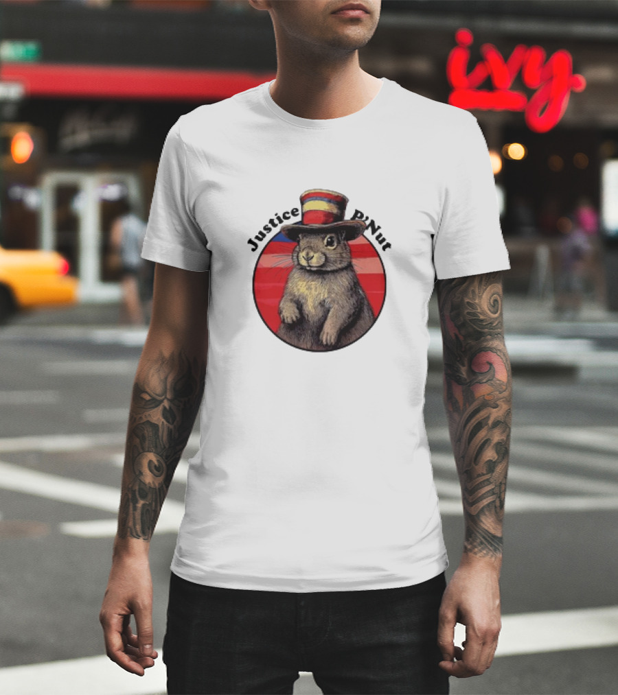 Justice P’Nut Squirrel Wearing Vintage Hat With Red Blue Stripes T-Shirt