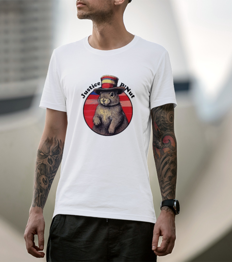Justice P’Nut Squirrel Wearing Vintage Hat With Red Blue Stripes T-Shirt