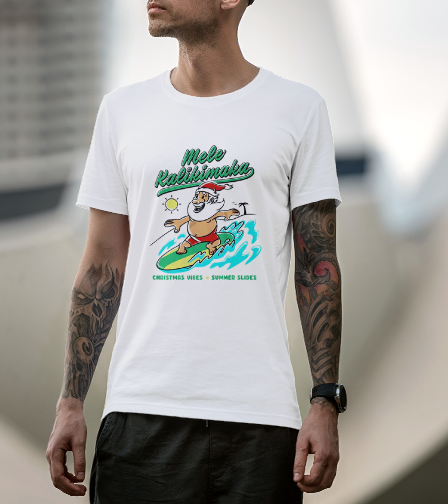 Mele Kalikimaka Santa Surfing Christmas Vibes Summer Slides Tropical Sun T-Shirt