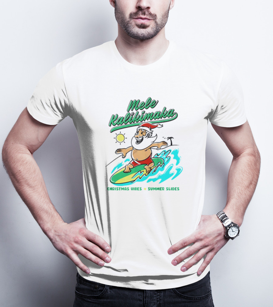 Mele Kalikimaka Santa Surfing Christmas Vibes Summer Slides Tropical Sun T-Shirt
