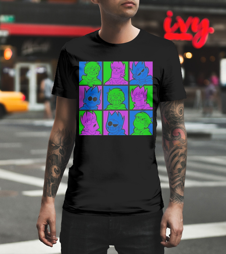 Eddsworld Sharkrobot Colorful Cartoon Characters 9-Panel Grid Pop T-Shirt