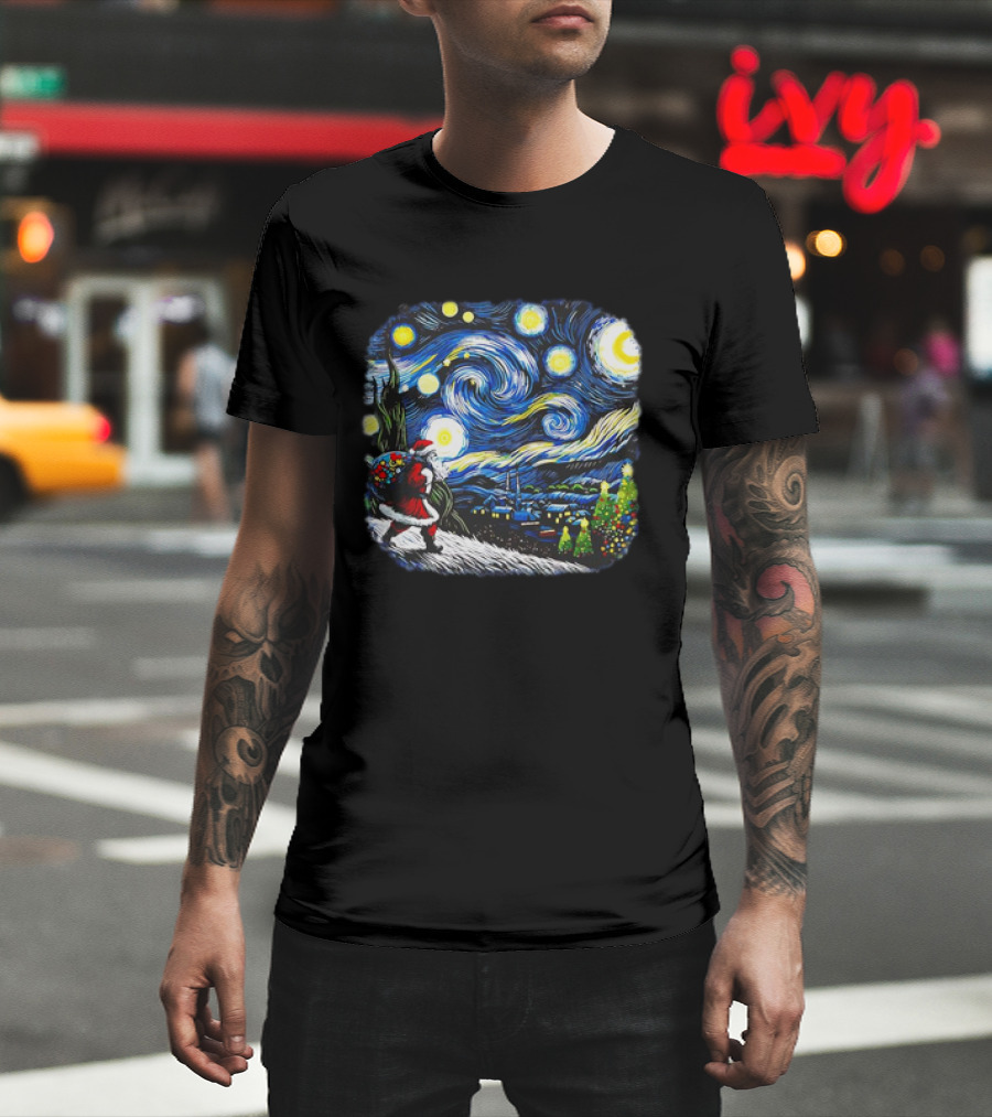 Van Gogh Starry Night Santa Christmas Winter Snowy Night Scene T-Shirt