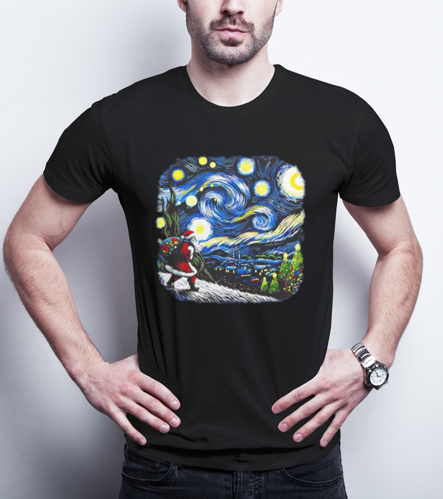 Van Gogh Starry Night Santa Christmas Winter Snowy Night Scene T-Shirt