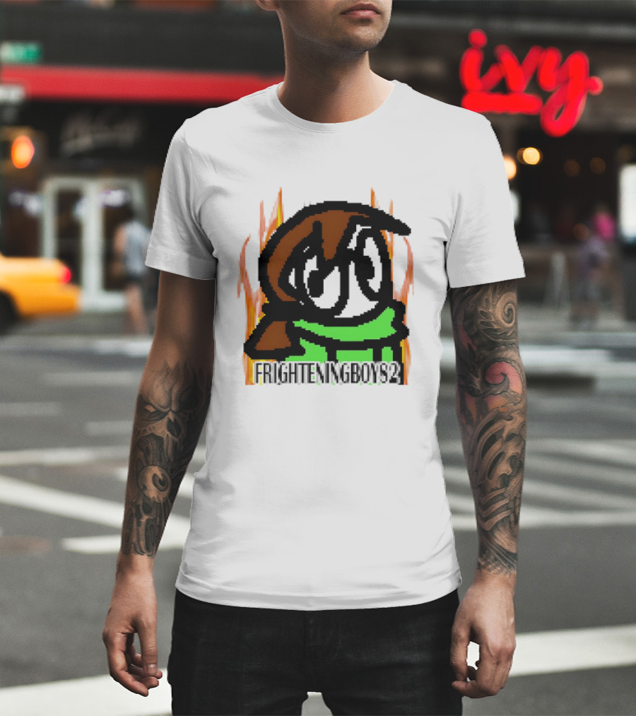 FRIGHTENINGBOY82 Leaf Pixel Art Character With Green Scarf And Flames T-Shirt