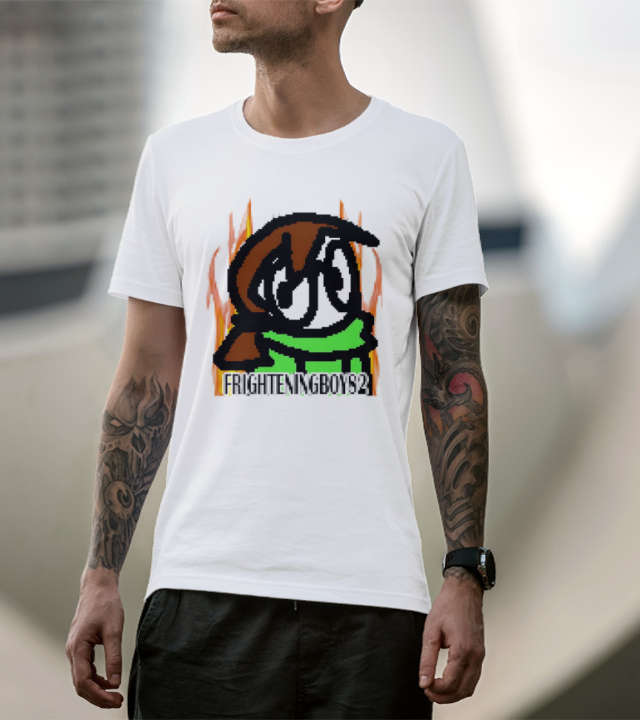 FRIGHTENINGBOY82 Leaf Pixel Art Character With Green Scarf And Flames T-Shirt
