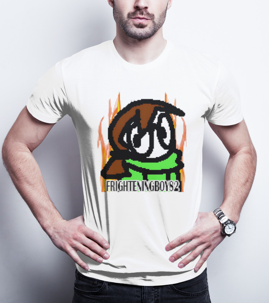 FRIGHTENINGBOY82 Leaf Pixel Art Character With Green Scarf And Flames T-Shirt