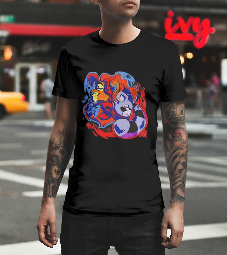Lion And Raccoon Cartoon With Colorful Flowing Manes And Scarves T-Shirt