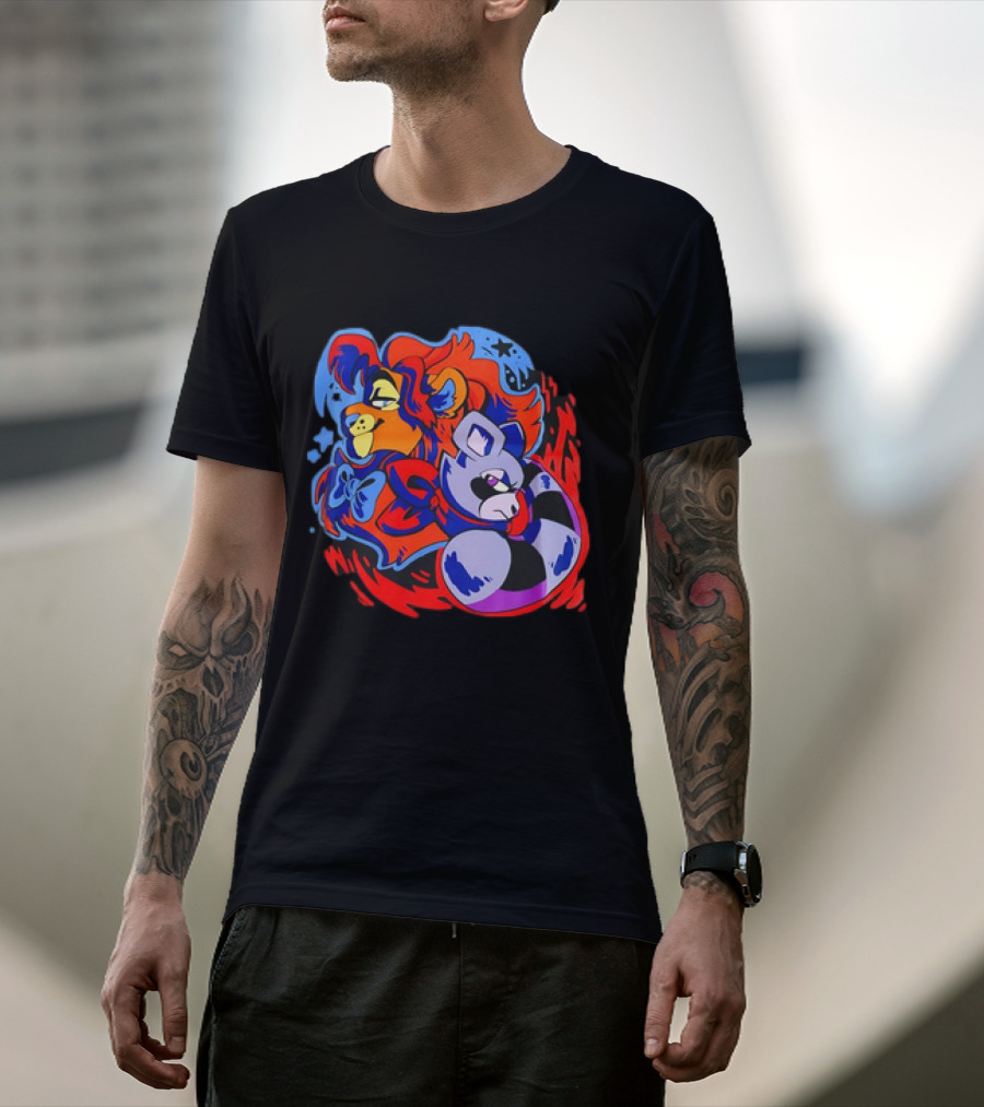 Lion And Raccoon Cartoon With Colorful Flowing Manes And Scarves T-Shirt