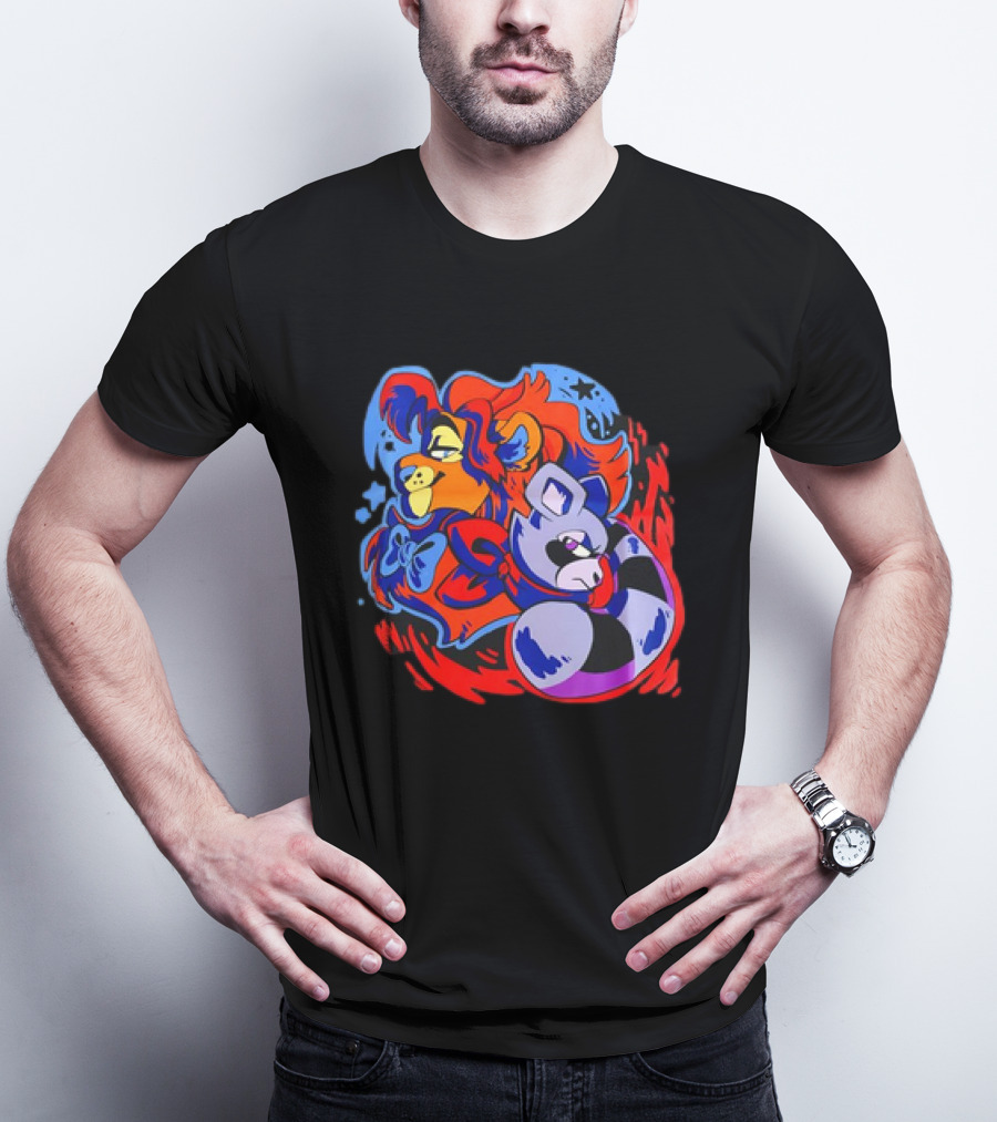 Lion And Raccoon Cartoon With Colorful Flowing Manes And Scarves T-Shirt