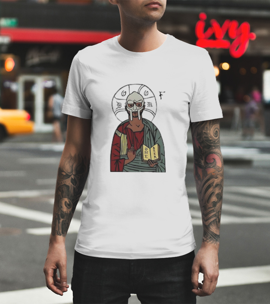 MF DOOM Cartoon Iconic Mask With Sacred Imagery And Open Book One Beer T-Shirt