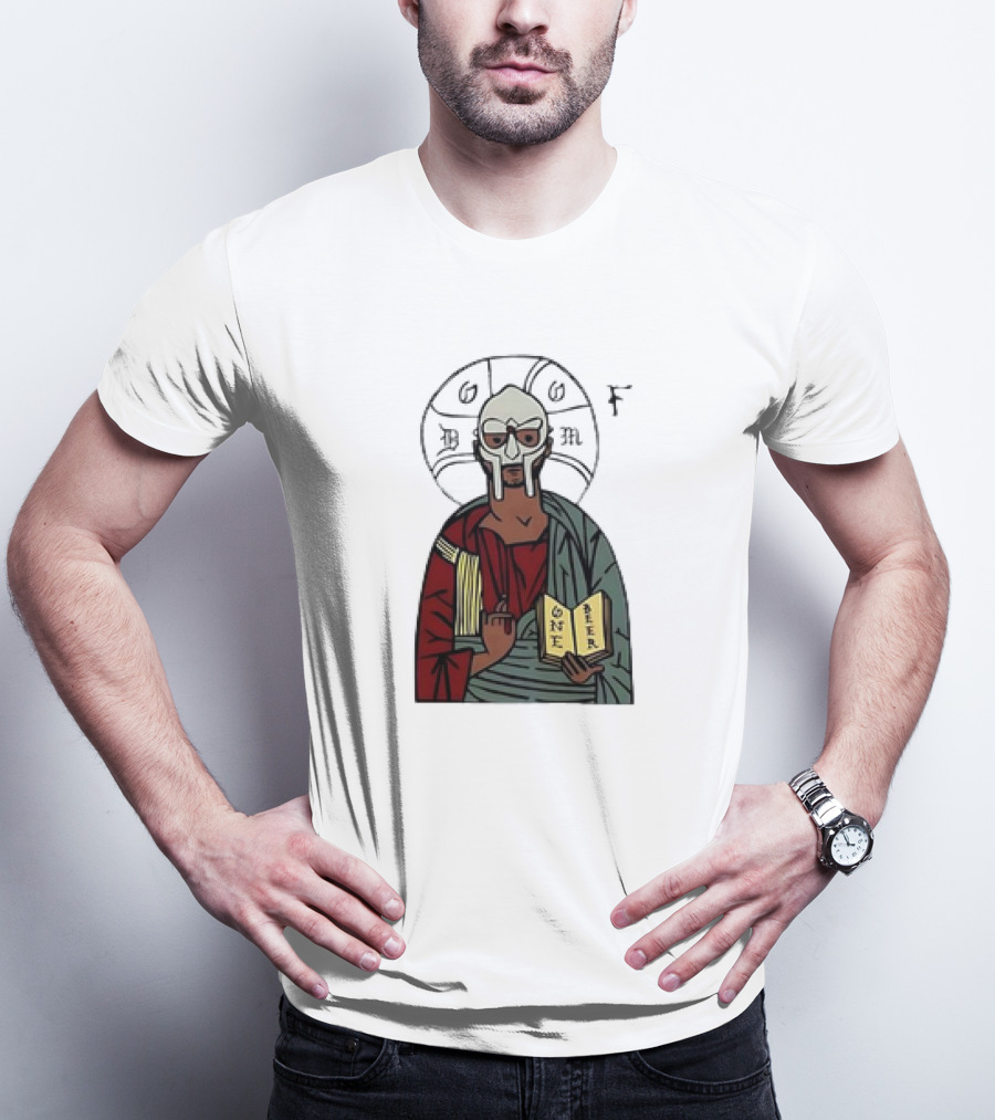 MF DOOM Cartoon Iconic Mask With Sacred Imagery And Open Book One Beer T-Shirt