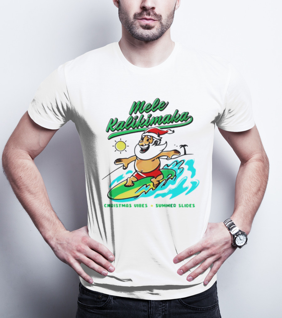 Mele Kalikimaka Santa Claus Surfing Christmas Vibes Summer Slides T-Shirt