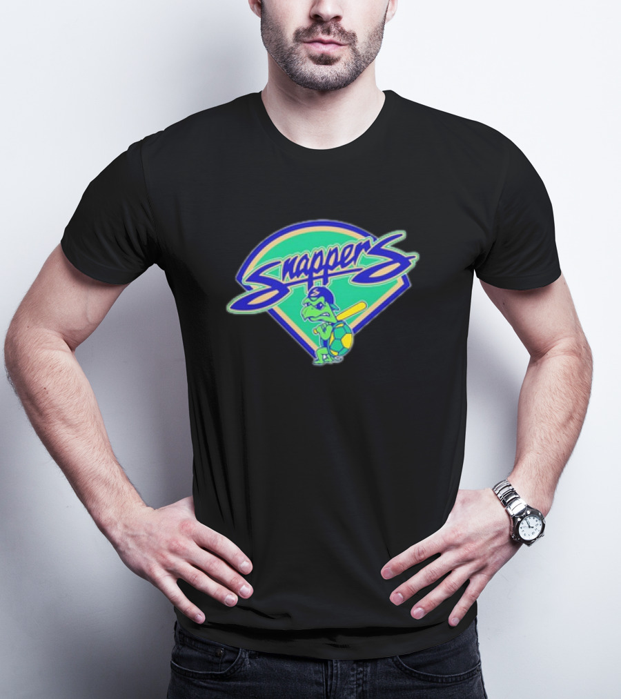 Snappers Baseball Turtle Mascot With Cap And Bat On Green Blue Badge T-Shirt
