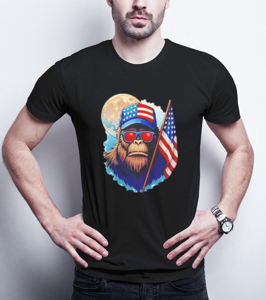 Bigfoot USA Flag Hat Sunglasses Patriotic Moon Background T-Shirt