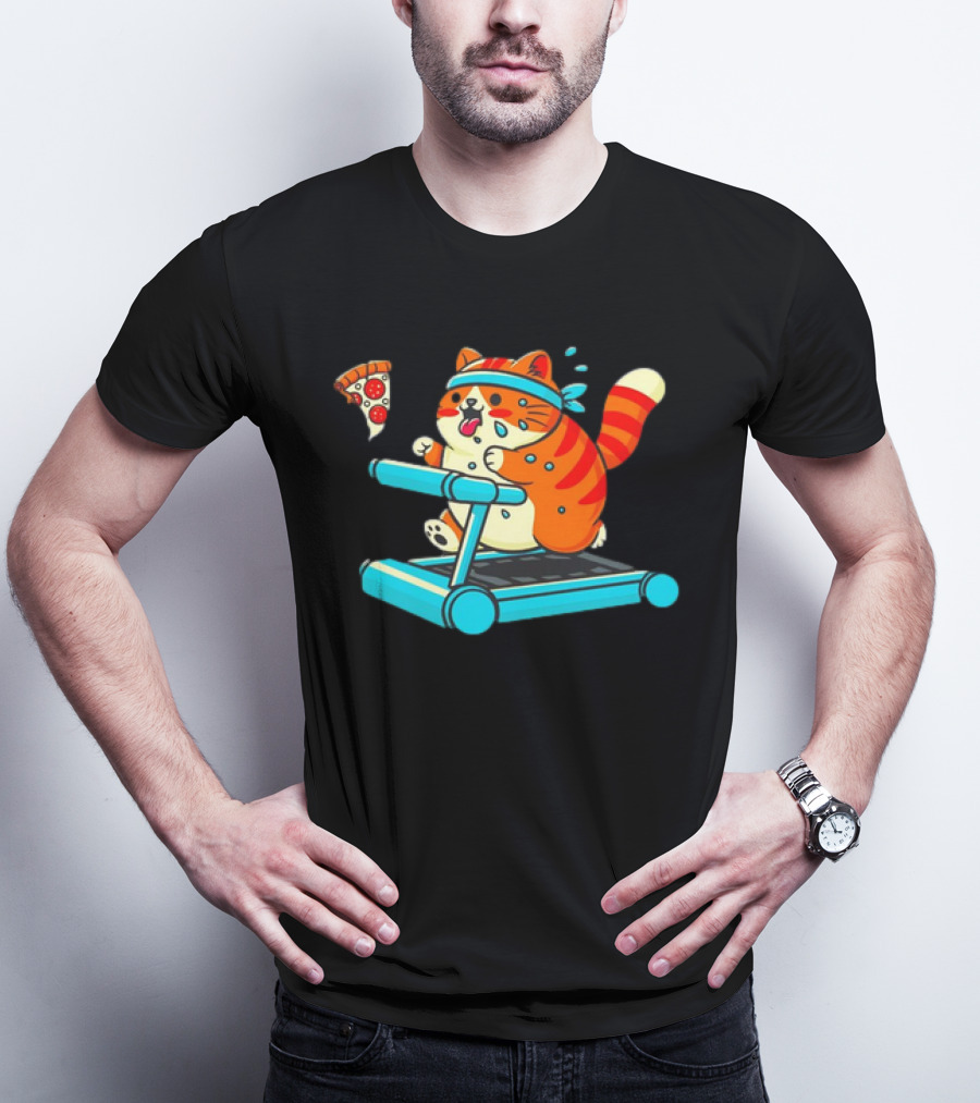 Chasing Dreams And Pizza Slices Chonky Cat Running On Treadmill T-Shirt