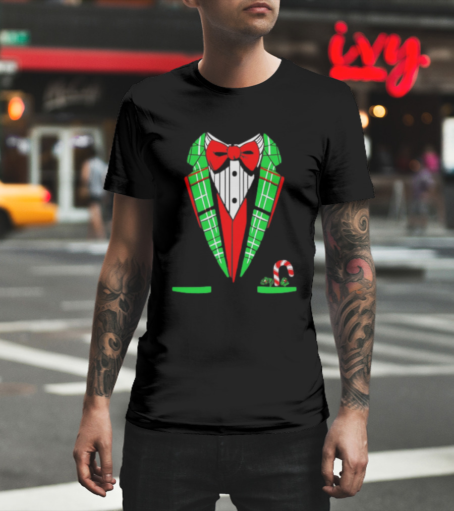 Santa Tuxedo Christmas Suit Candy Cane Plaid Bow Tie T-Shirt