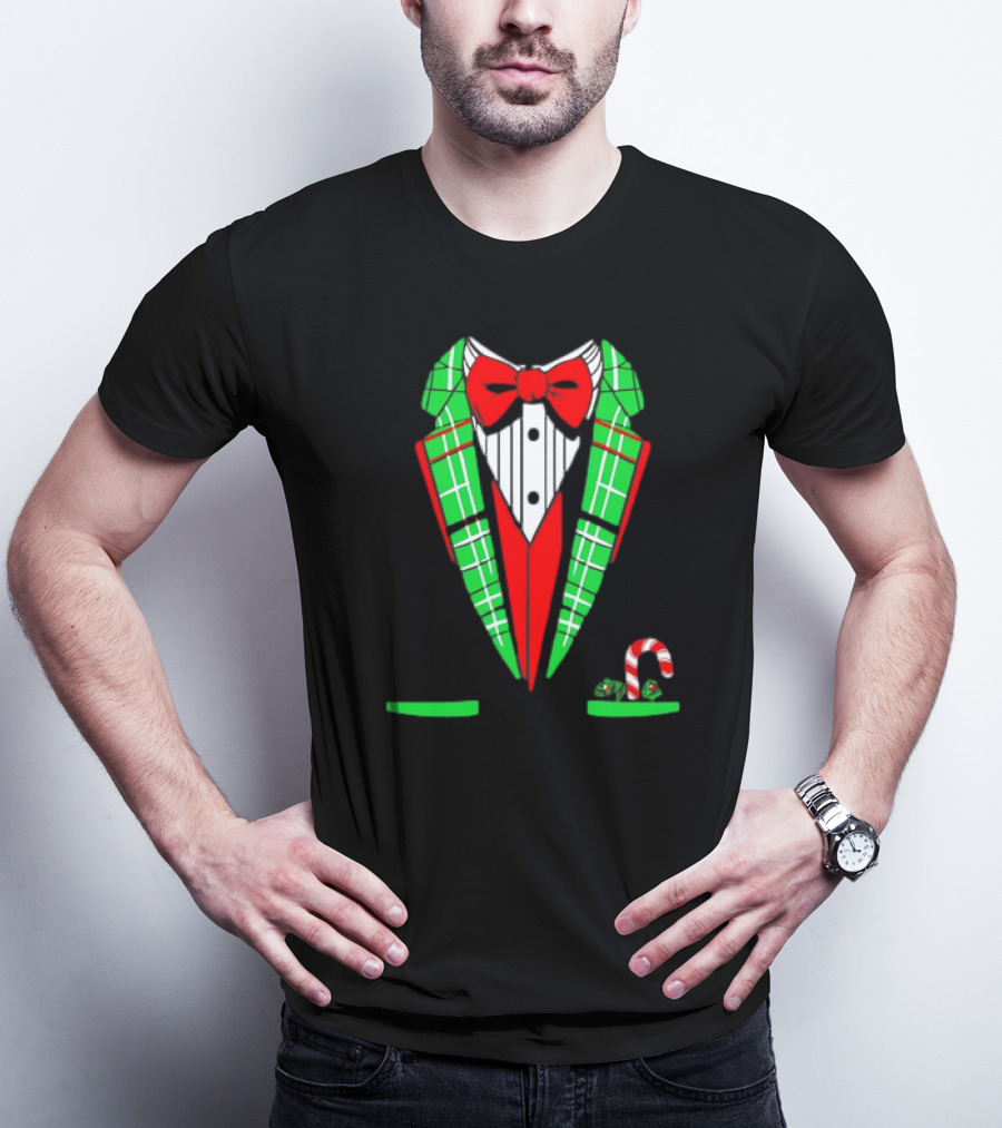 Santa Tuxedo Christmas Suit Candy Cane Plaid Bow Tie T-Shirt