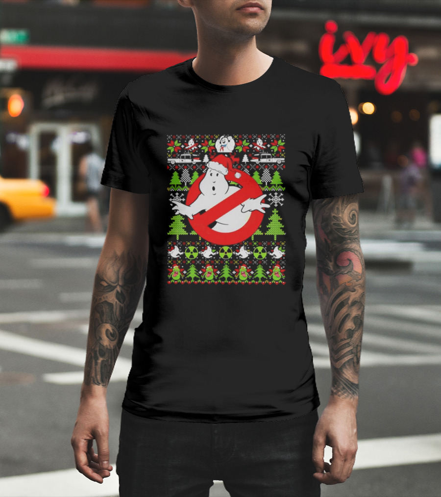 Ghostbusters No Ghost Symbol Christmas Sweater With Santa Hat And Ugly Sweater Icons T-Shirt