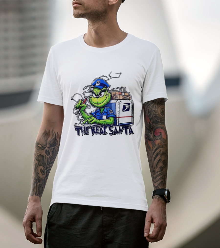 Grinch USPS The Real Santa Postal Delivery Holiday Fun T-Shirt