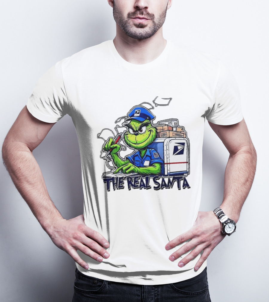 Grinch USPS The Real Santa Postal Delivery Holiday Fun T-Shirt