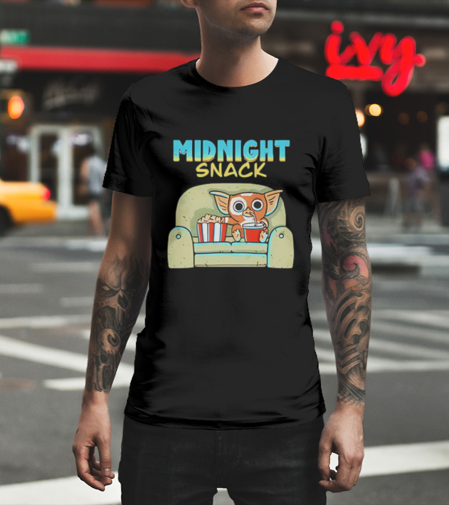 Midnight Snack Mogwai Relaxing On Couch With Popcorn And Soda T-Shirt