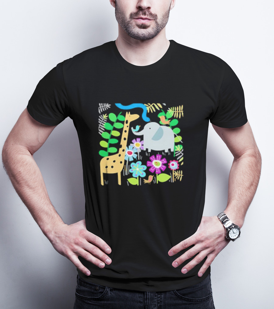 Safari Animal Party Jungle Giraffe Elephant Floral T-Shirt