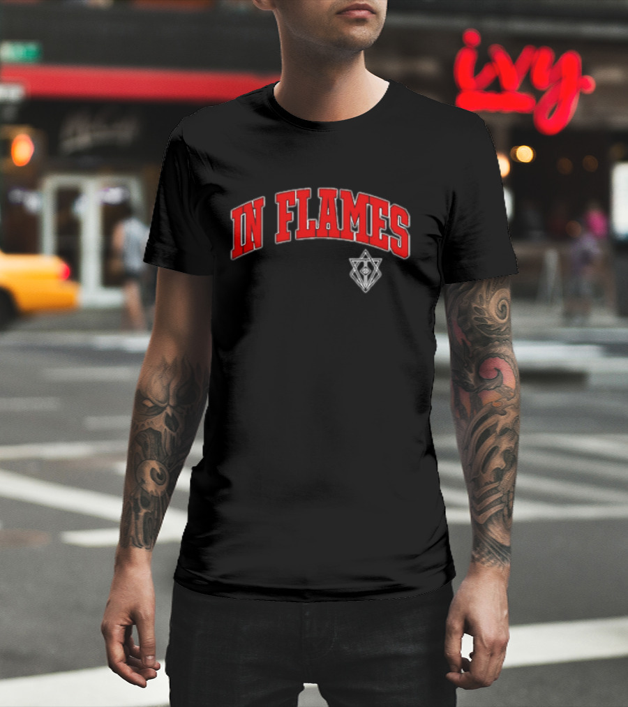 In Flames Red Collegiate Text With Geometric T-Shirt