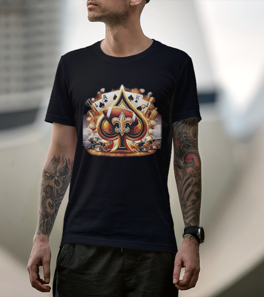 New Orleans Saints Gold Spade Football And Fleur-de-Lis With Playing Cards And Helmets T-Shirt