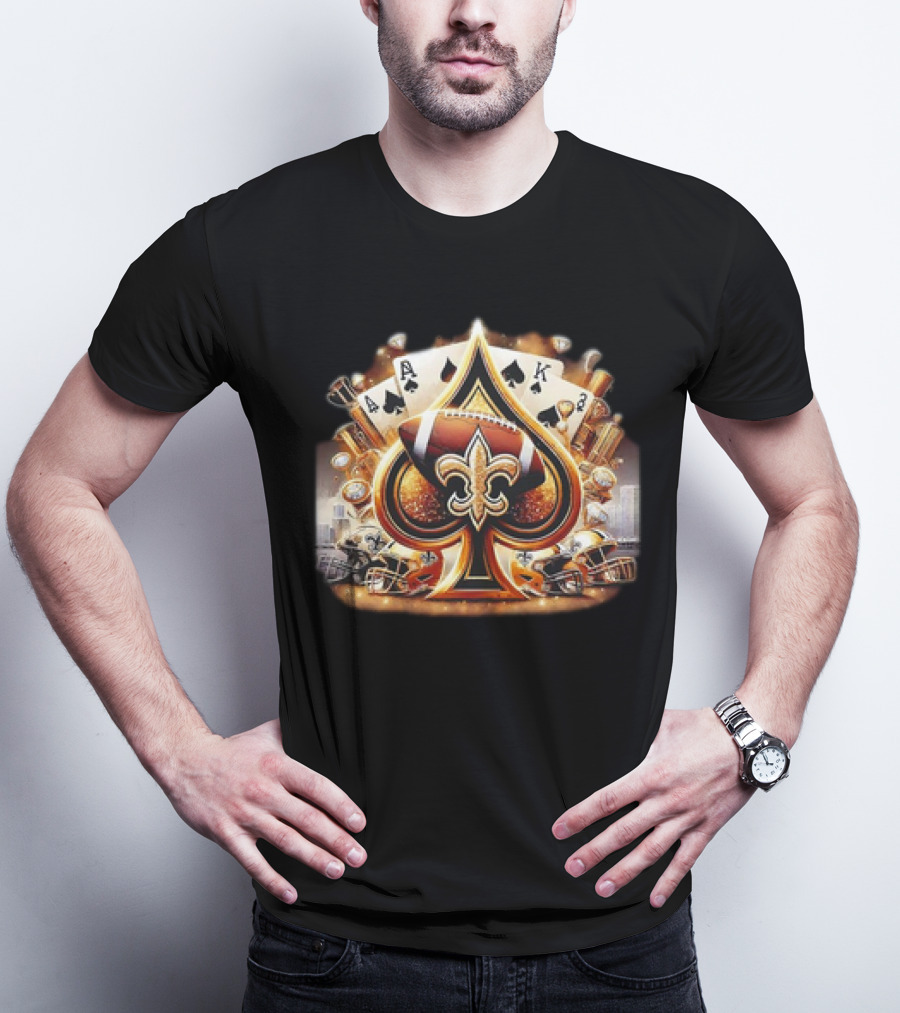 New Orleans Saints Gold Spade Football And Fleur-de-Lis With Playing Cards And Helmets T-Shirt