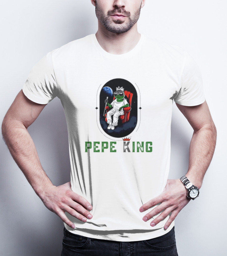 Pepe King Meme Coin Earth Throne Crown Chair T-Shirt