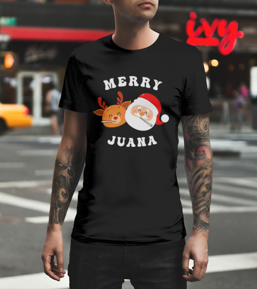 Merry Juana Christmas Santa And Reindeer Smoking Holiday Fun T-Shirt