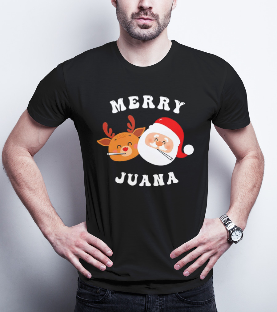 Merry Juana Christmas Santa And Reindeer Smoking Holiday Fun T-Shirt