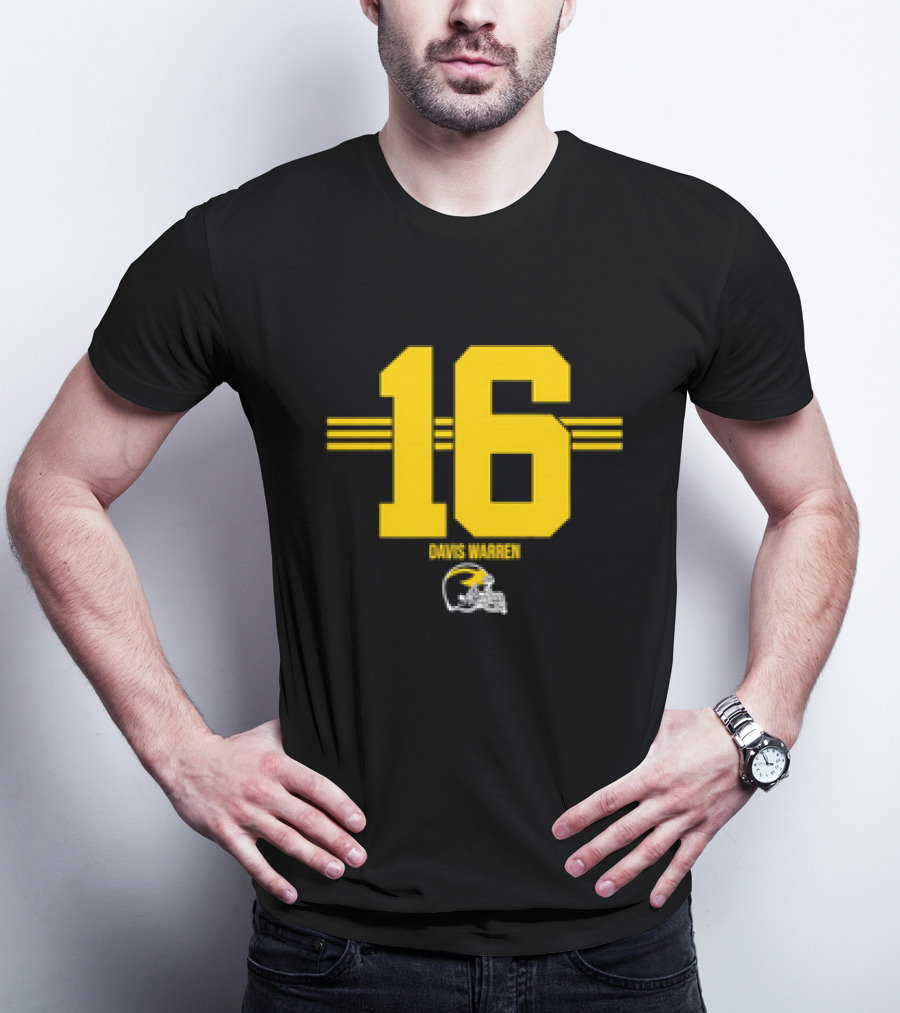Michigan Football Davis Warren 16 Yellow Stripe Helmet T-Shirt