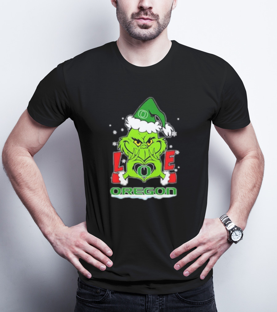 Grinch Hand Love Oregon Ducks Christmas Santa Hat Snowflakes T-Shirt