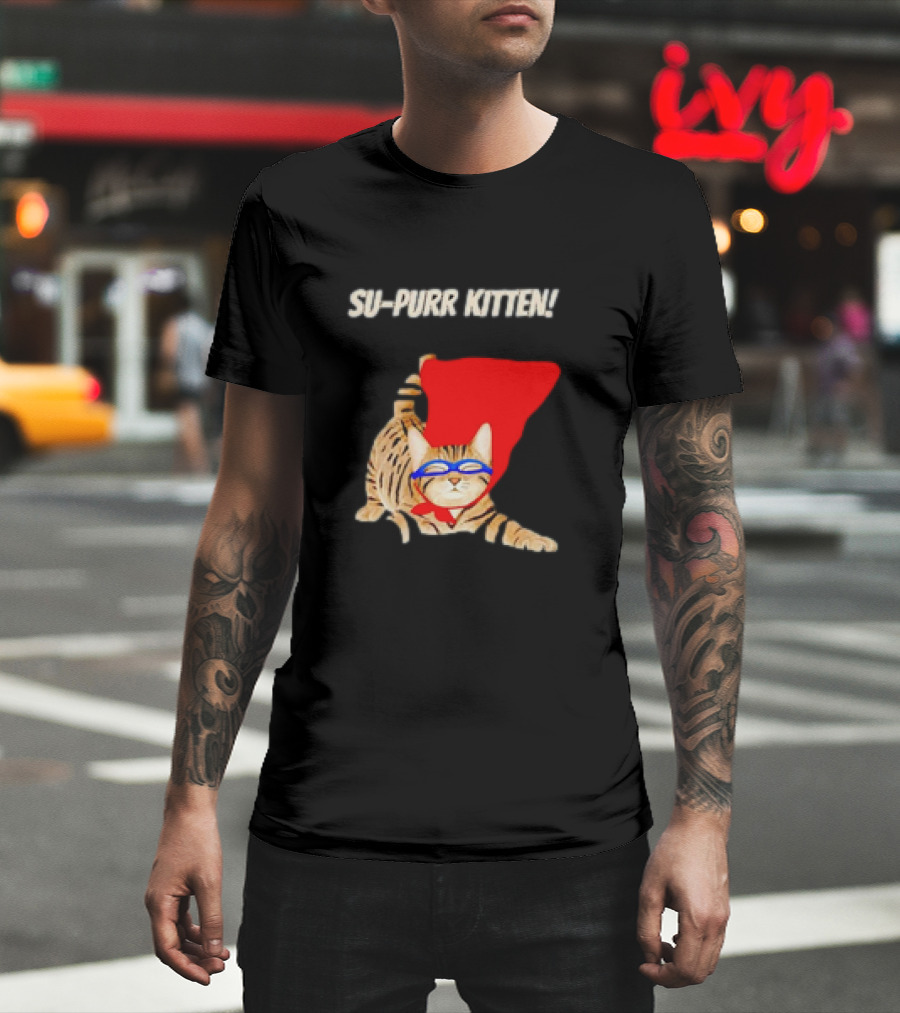 Su-Purr Kitten Cute Super Hero Cat Meme With Red Cape And Mask T-Shirt