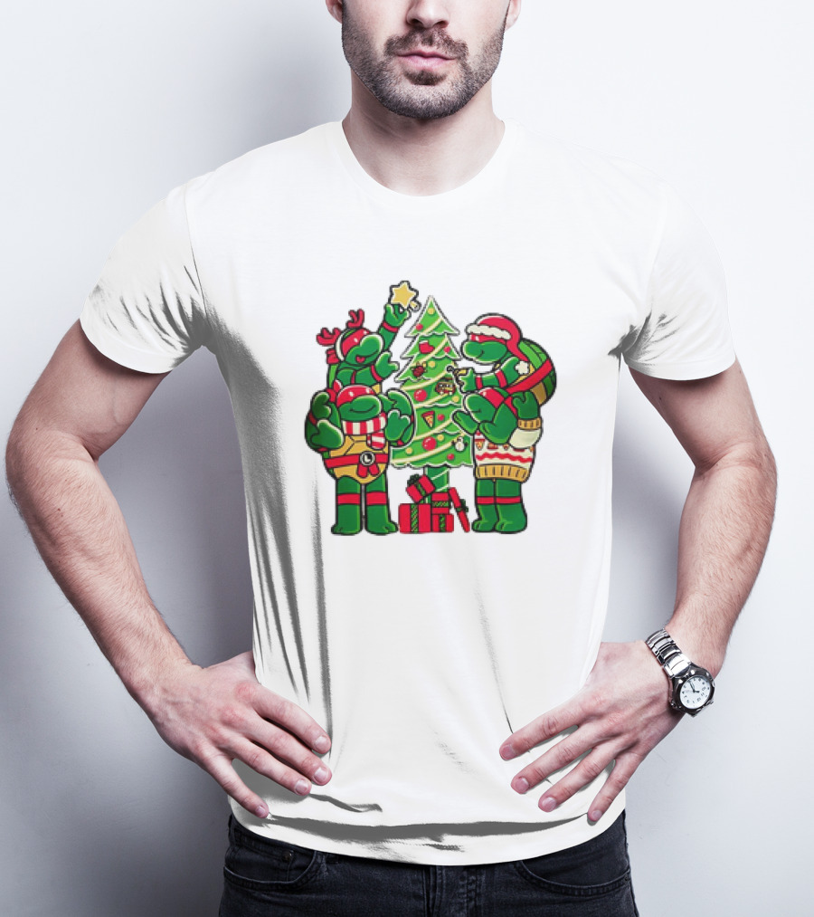 Cozy Xmas Teenage Mutant Ninja Turtles Christmas Tree Decorating Scene T-Shirt