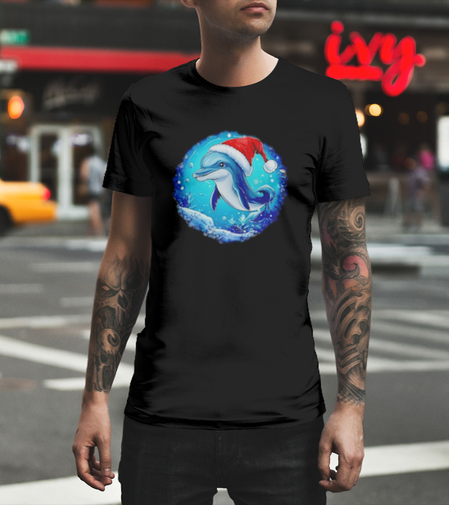 Dolphins Christmas Cute Santa Hat Snowflakes T-Shirt