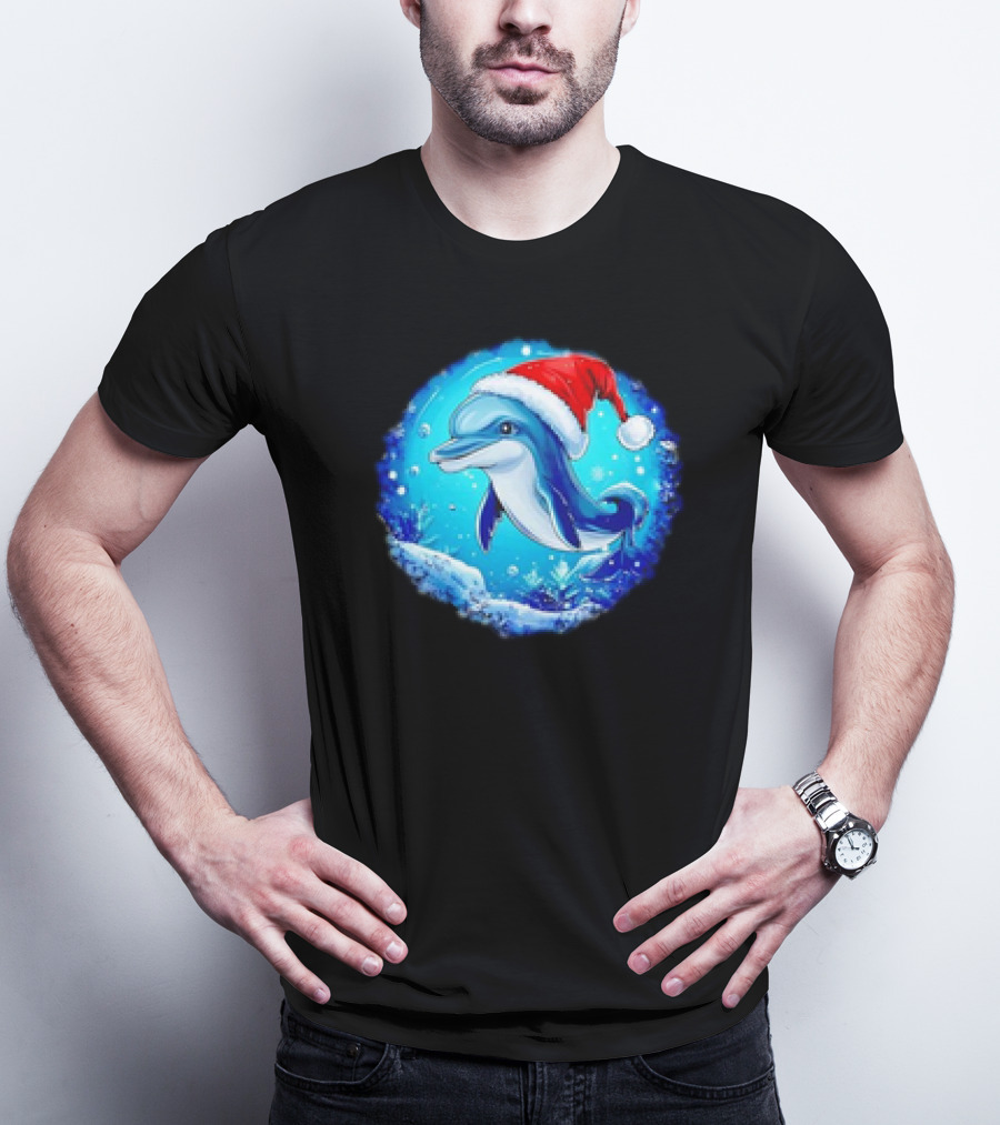 Dolphins Christmas Cute Santa Hat Snowflakes T-Shirt